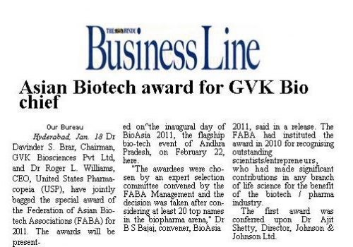 Asian Biotech Award for GVK Biosciences Chief - Aragen Life Sciences