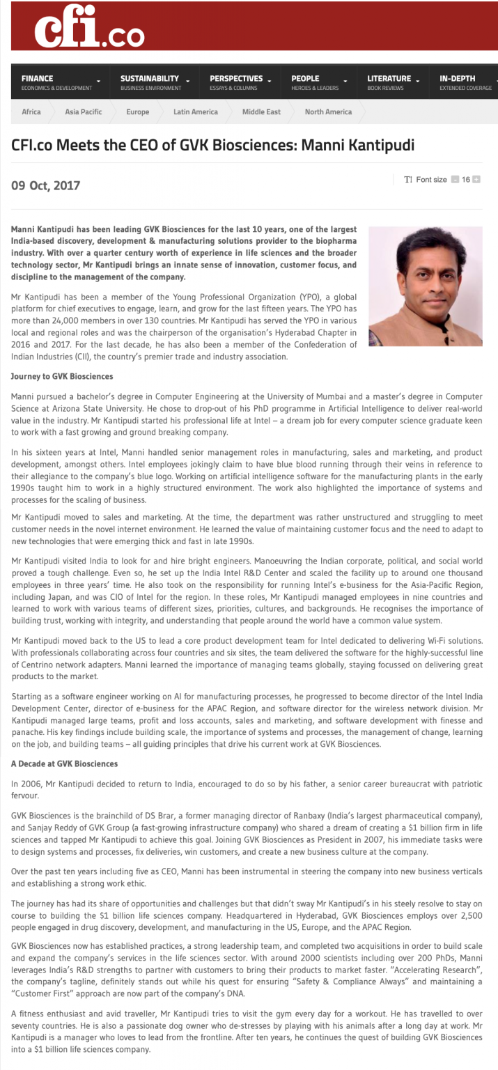 CFI.co Meets the CEO of GVK Biosciences: Manni Kantipudi - Aragen Life ...